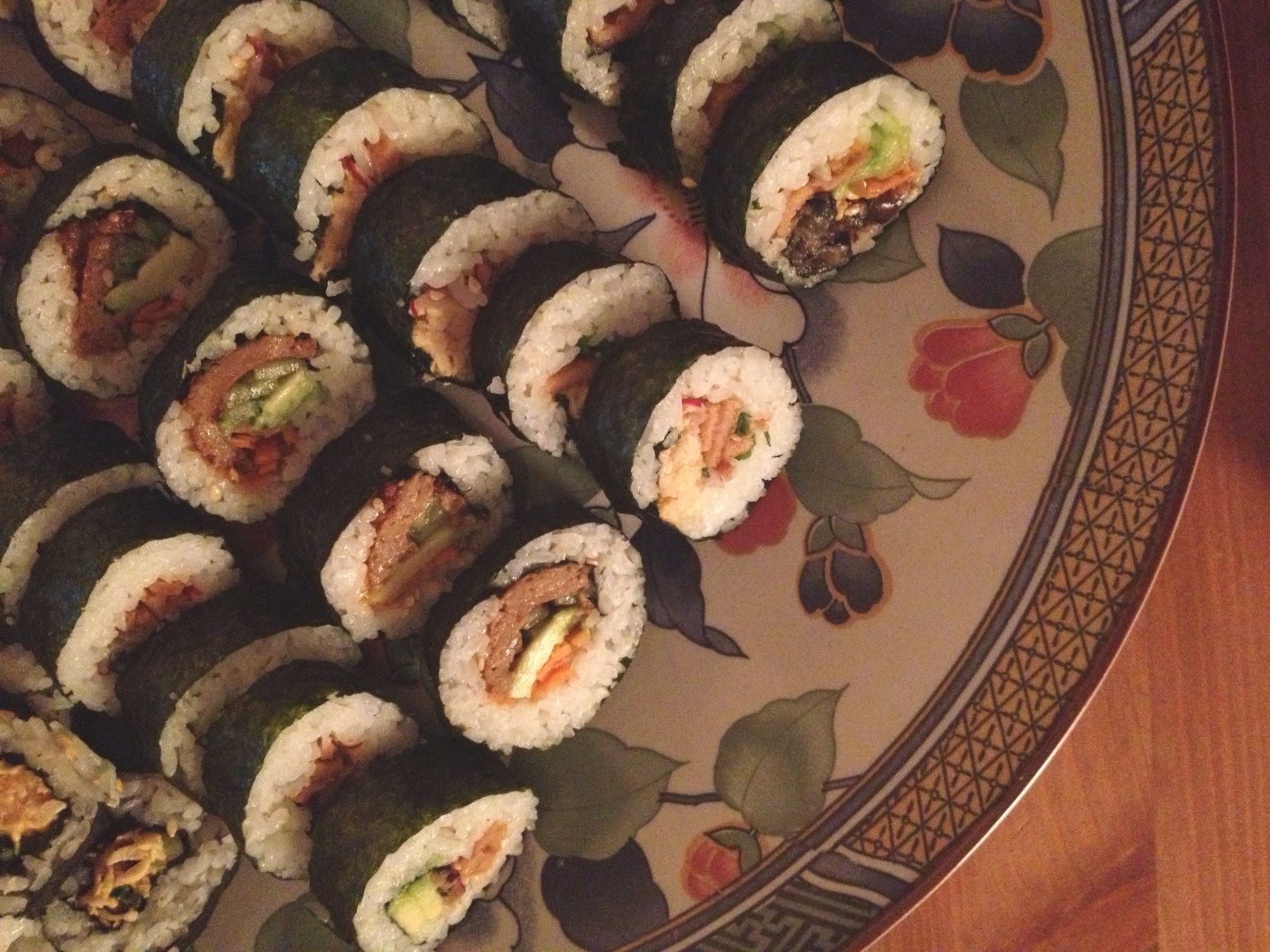 sushi with miso glazed seitan, black vinegar eggplant, shitakes and ...